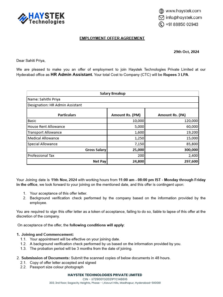 Job Offer for HR Admin Assistant | PDF