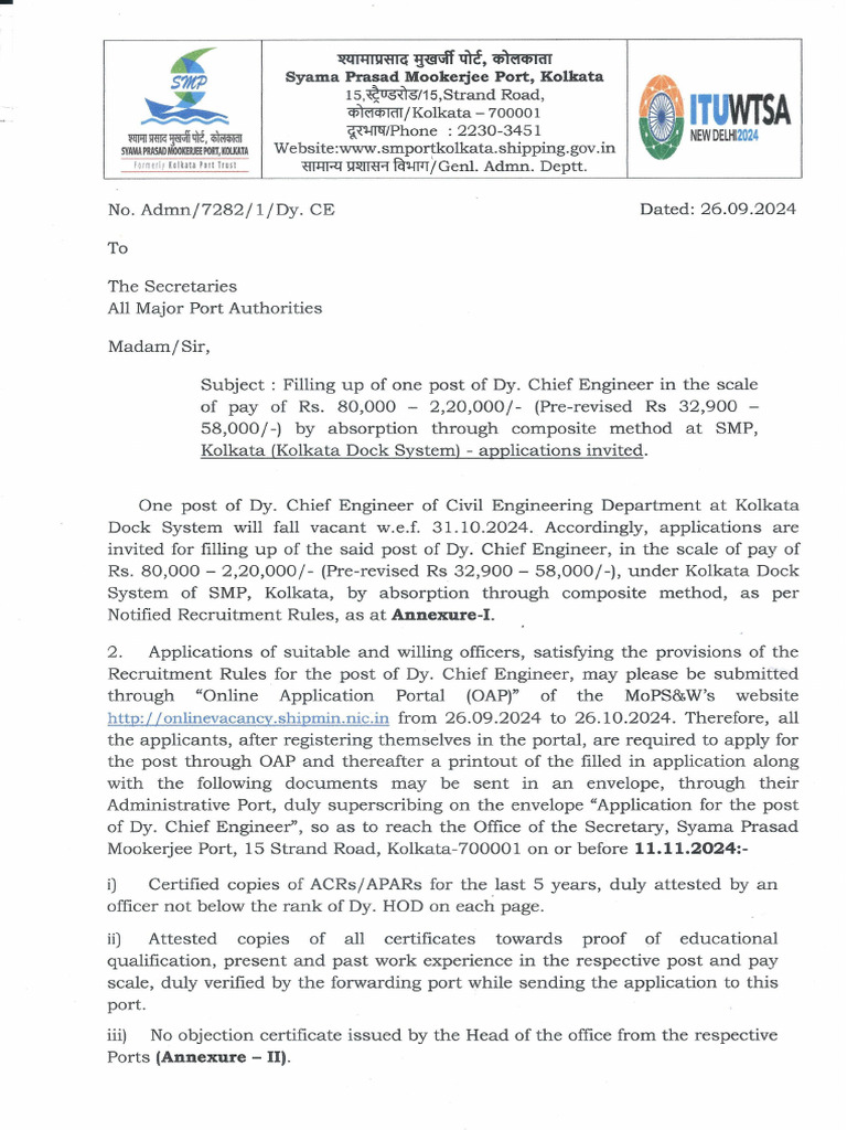 Circular For Filling Up of One Post of Dy Chief Engineer Under KDS of ...