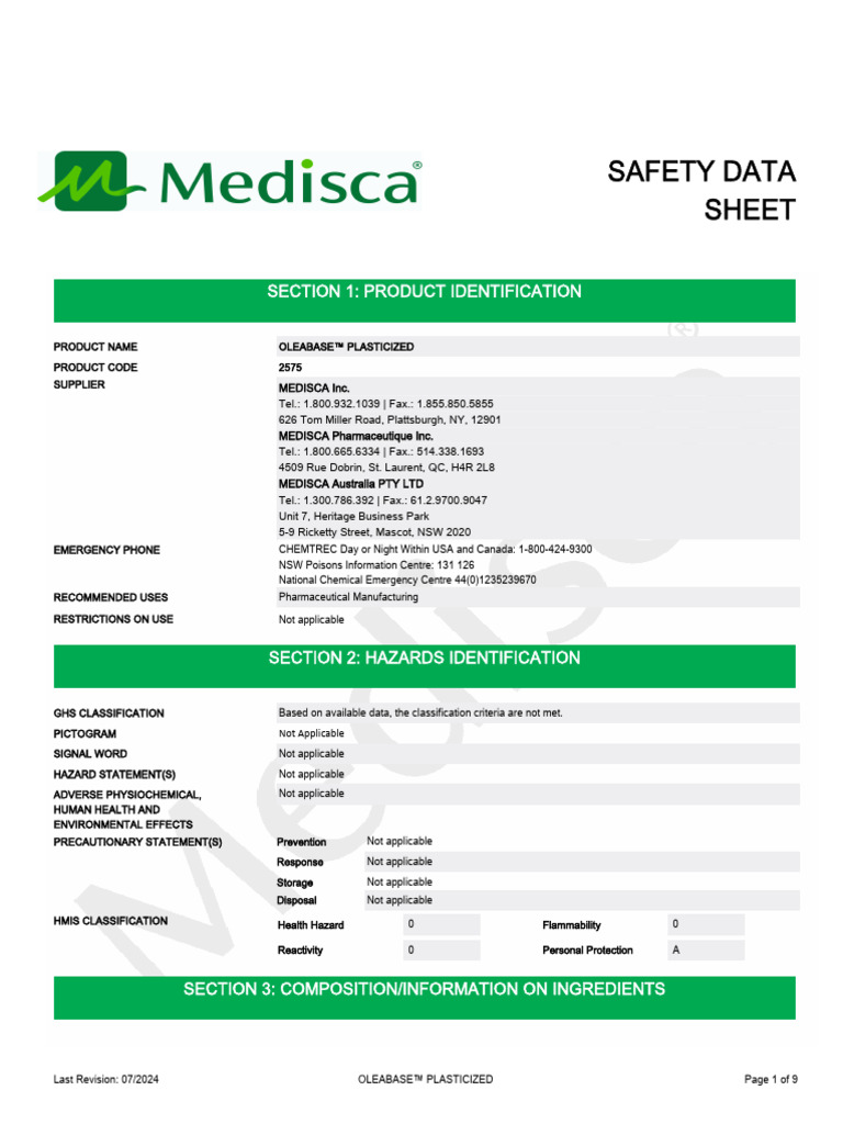 Fórmula... Bases de Ungüentos. OleaBase Plasticized. SDS 2575 (Medisca ...