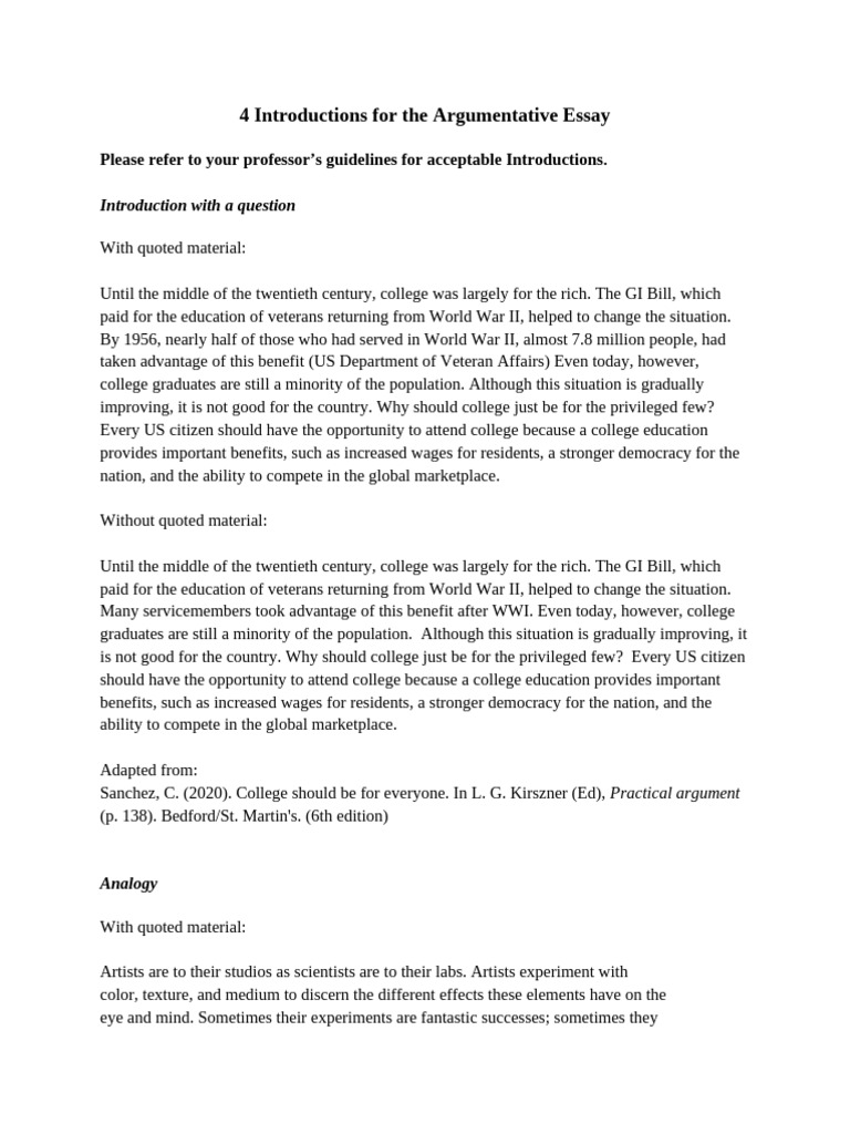 4 Introductions For The Argumentative Essay | PDF | Disability ...