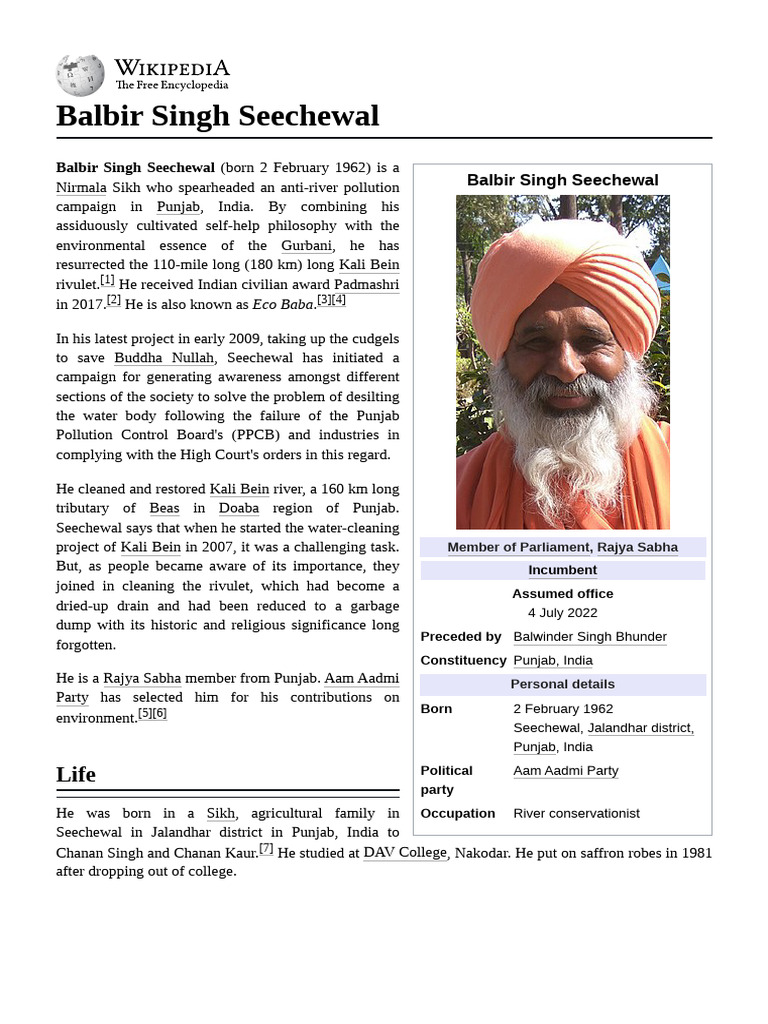 Balbir_Singh_Seechewal | PDF | Punjab | Politics Of India