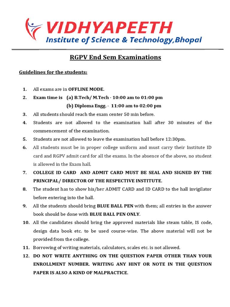 Instructions for RGPV End Sem Examinations | PDF
