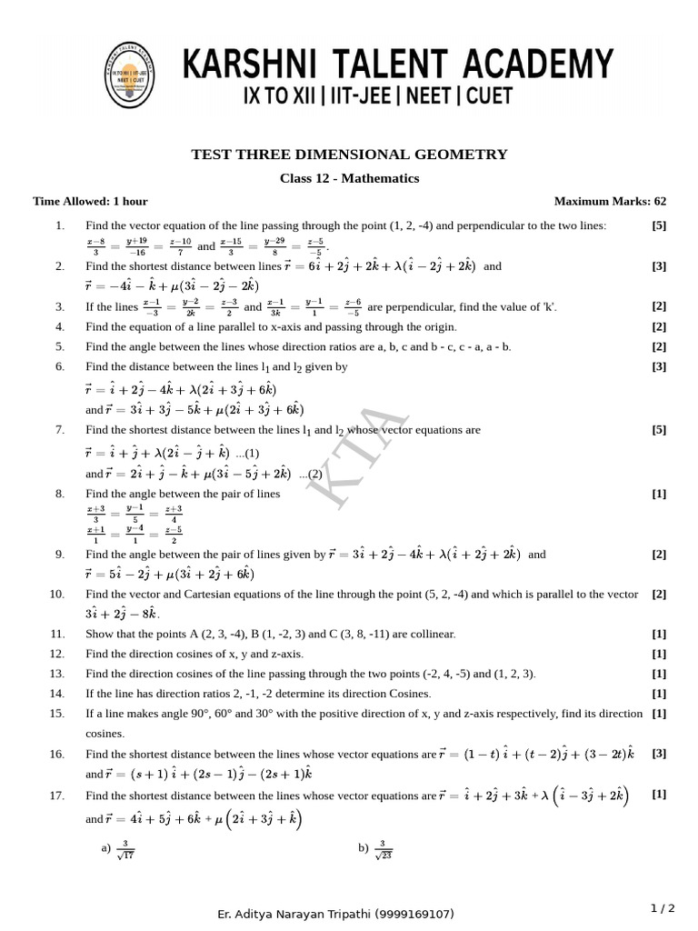 Class 12 3D Geometry Test Questions | PDF | Line (Geometry ...