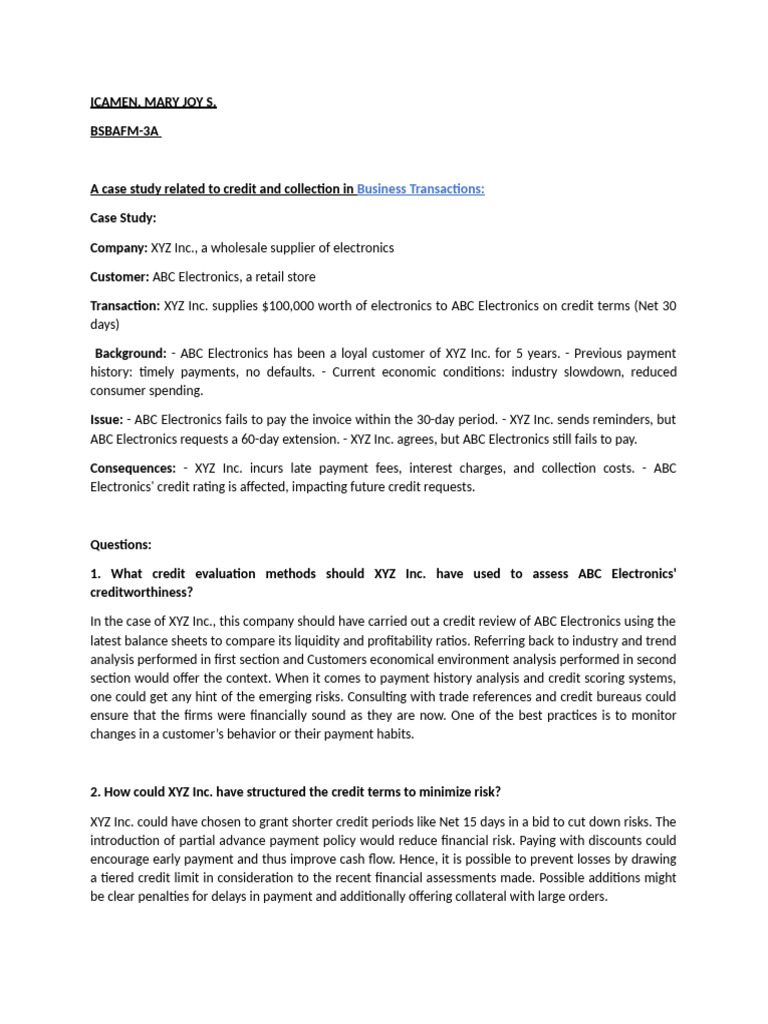 Case Study Credit and Collection in Business Transactions | PDF ...