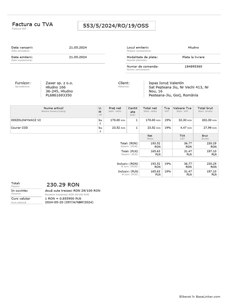 Factura Cu TVA 553/5/2024/RO/19/OSS | PDF