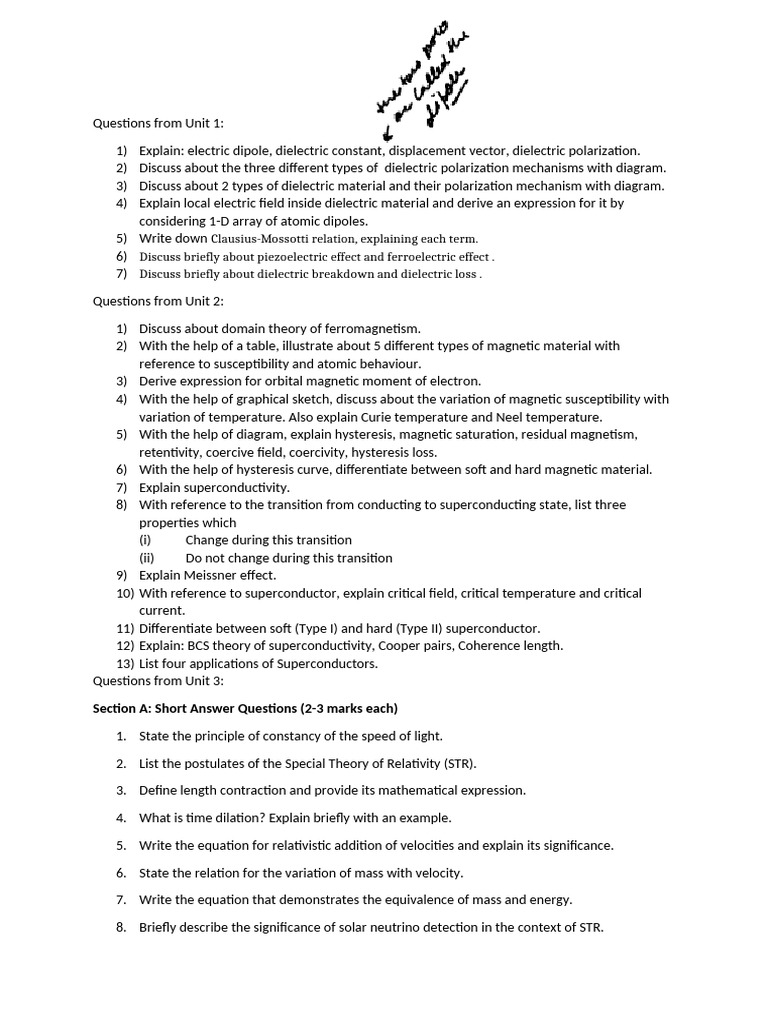 Important Sample Questions | PDF | Special Relativity | Superconductivity