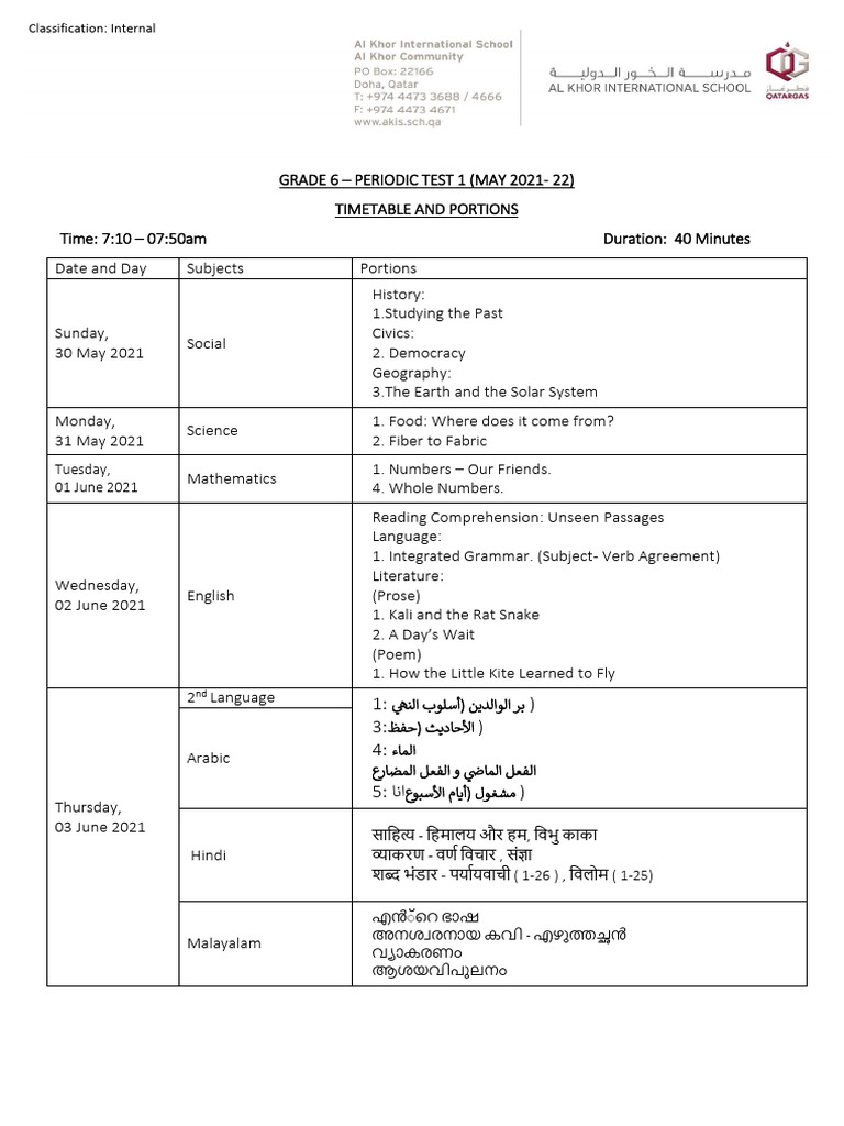 Grade - 6 - Periodic Test 1 - Timetable and Portions | PDF