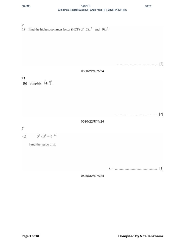 Adding, Subtracting, Multiplying Powers | PDF