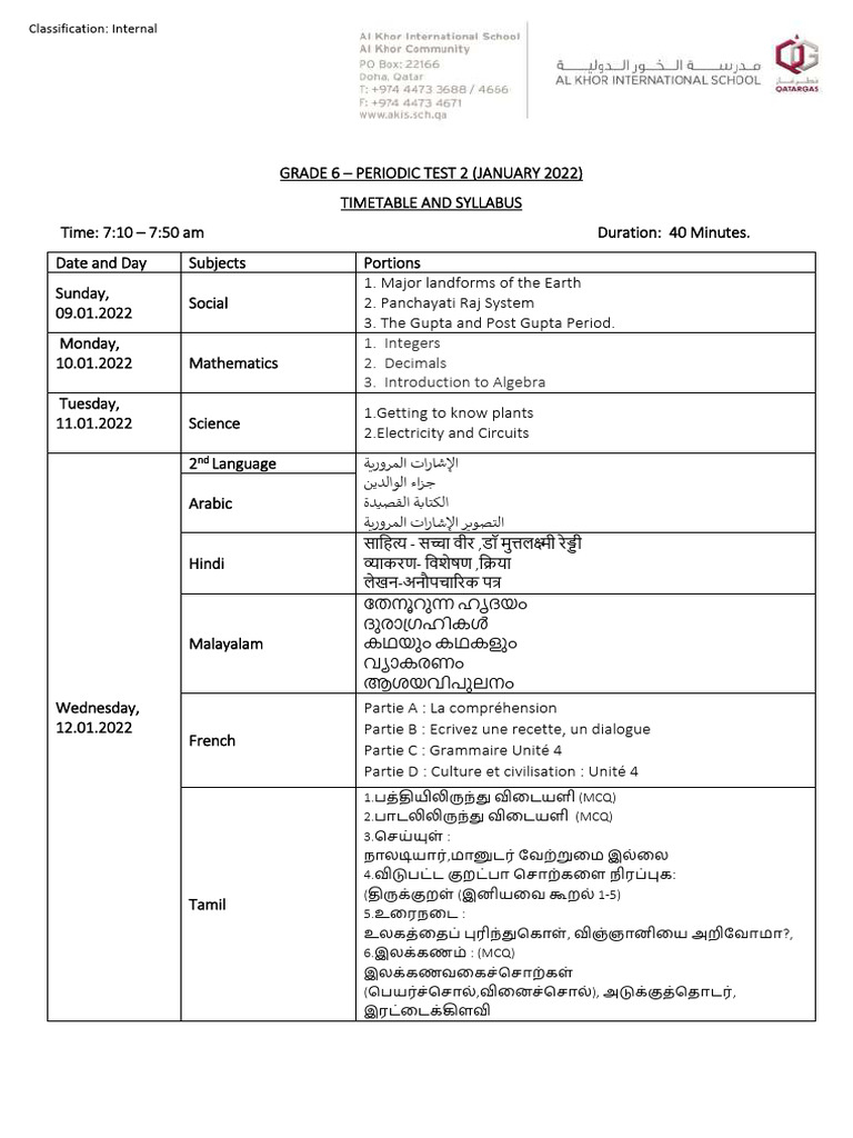 Grade - 6 - Periodic Test 2 - Timetable and Syllabus-2021-2022 | PDF