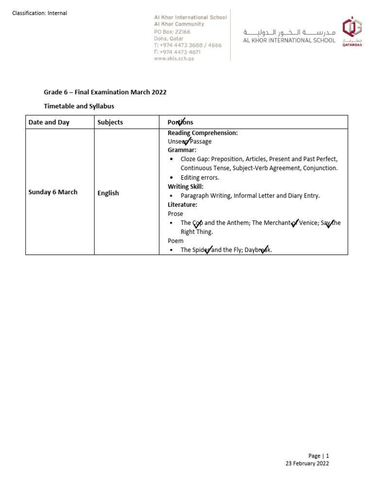 Grade 6-Assessment 4 - Timetable and Syllabus - 2021-2022 | PDF