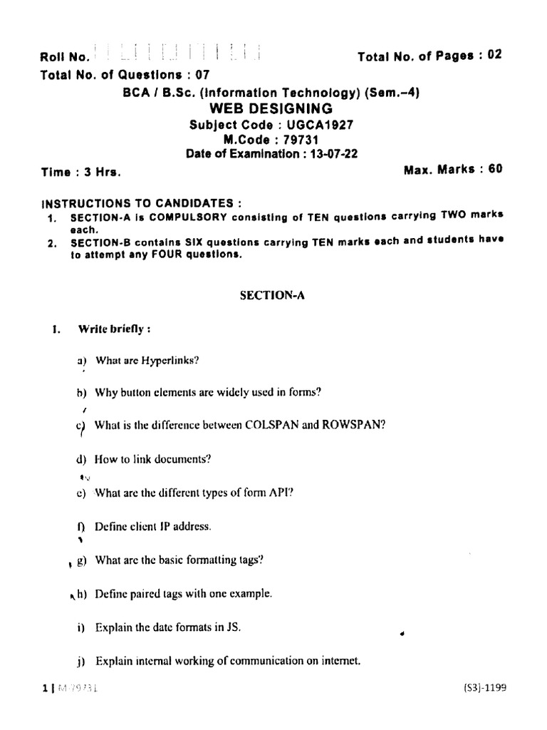 Bca BSC 4 Sem Web Designing 79731 Jul 2022 | PDF