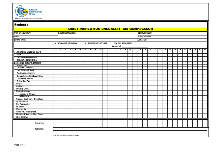 Daily Inspection Checklist -Air Compressor | PDF