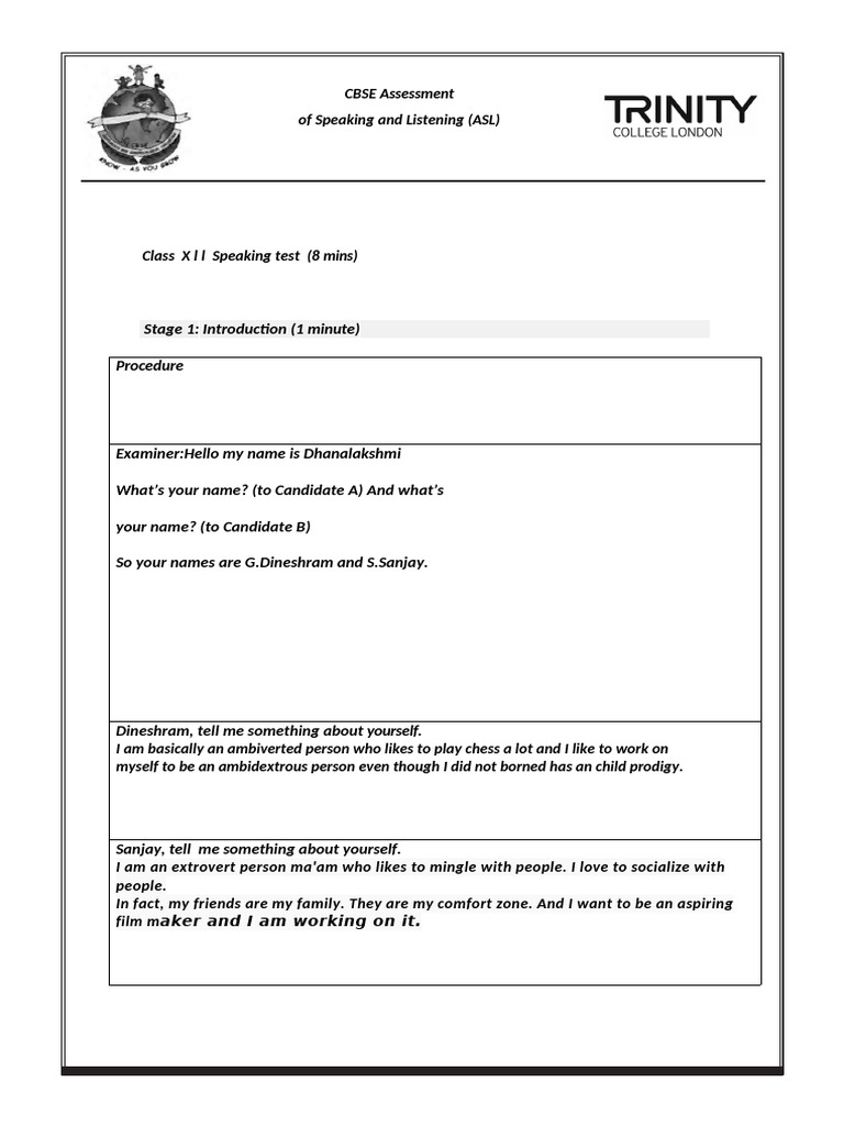CBSE ASL Class X Speaking Test Guide | PDF