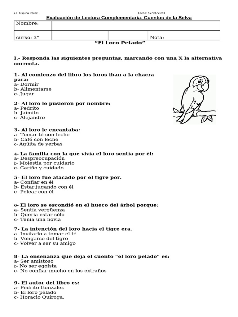 Evaluacion - Prueba-El-Loro-Pelado | PDF
