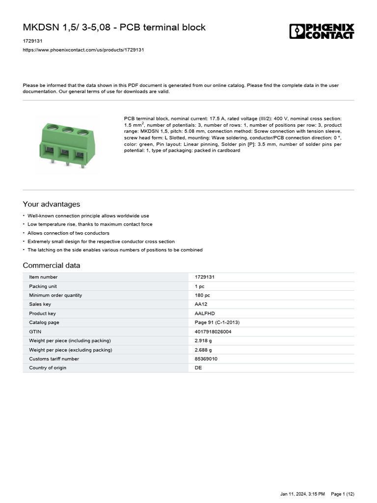 32) 1729131 Datasheet (MKDSN 1,5 - 3-5,08) | PDF | Insulator ...
