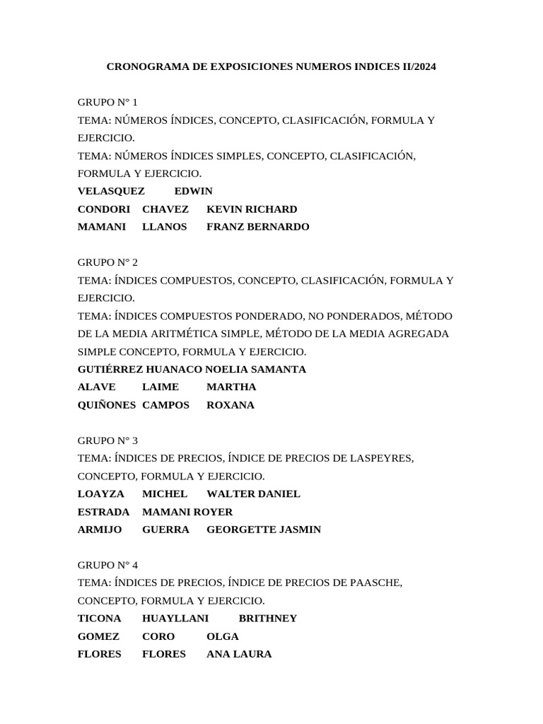 CRONOGRAMA DE EXPOSICIONES NUMEROS INDICES II-2024 GRUPOS | PDF