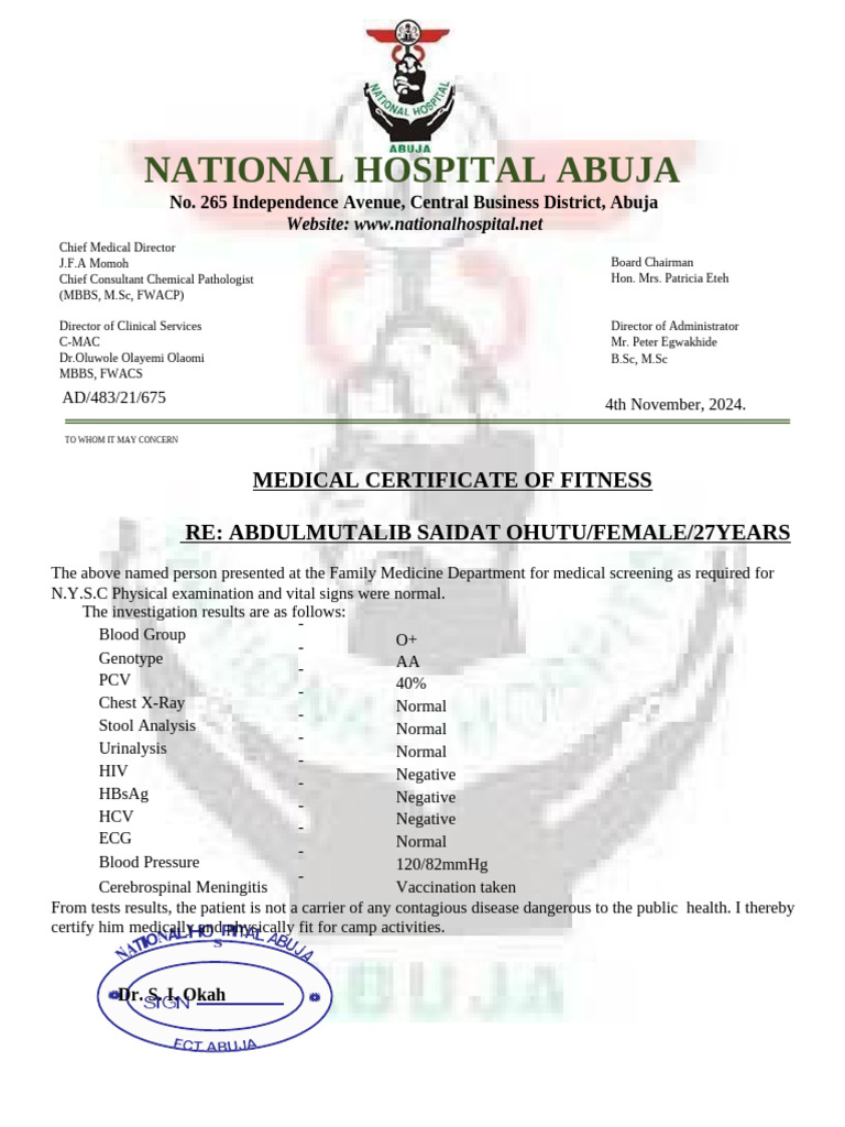 NYSC Medical Fitness Certificate | PDF | Medical Specialties | Medicine