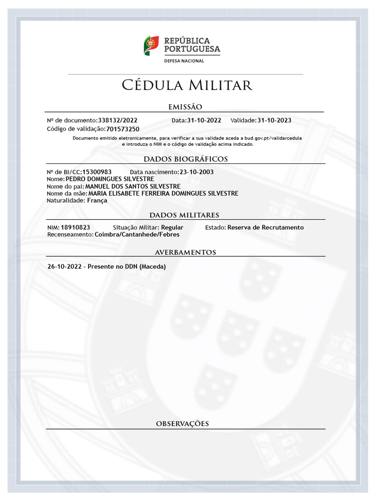 Cédula Militar de Pedro Silvestre | PDF