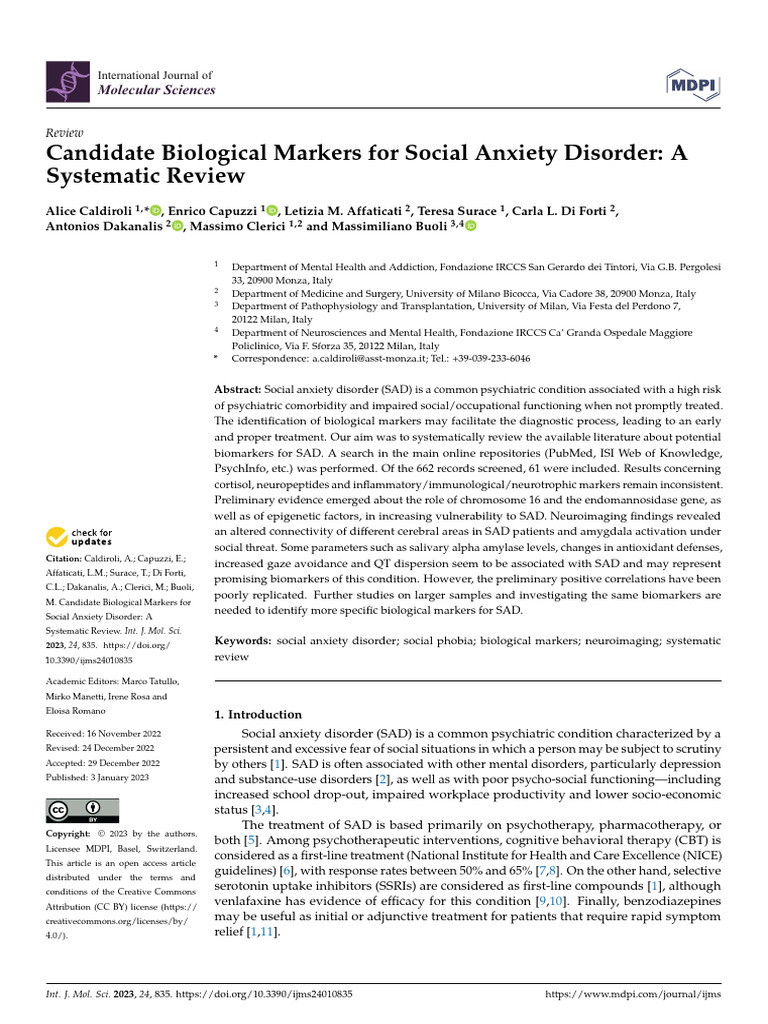 Biological Markers for Social Anxiety Disorder | PDF | Mental Disorder