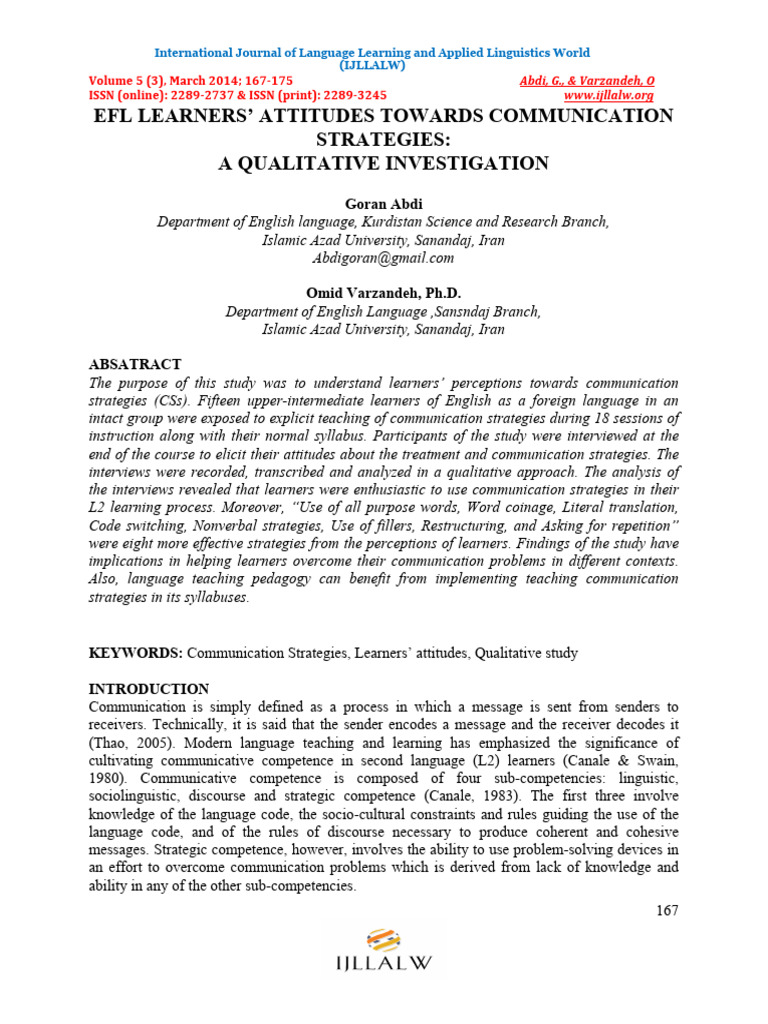 Abdi & Varzandeh (2014) EFL learners' attitudes towards communication strategies-A qualitative ...