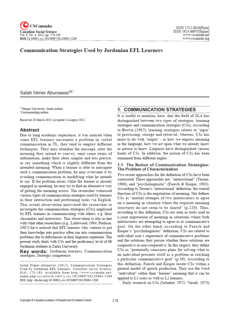 Abunawas, SN (2012) CSs Used by Jordanian EFL Learners | PDF | Second Language | Learning