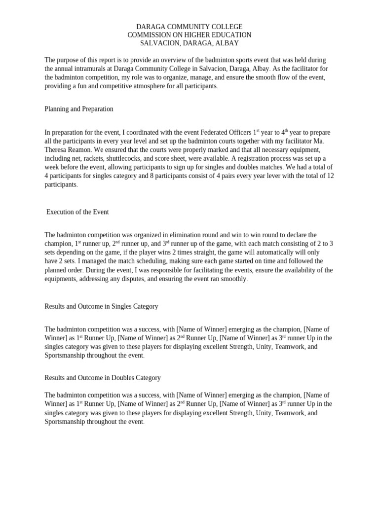 Narrative Report in Badminton Layout - Intramurals 2024 | PDF | Sports