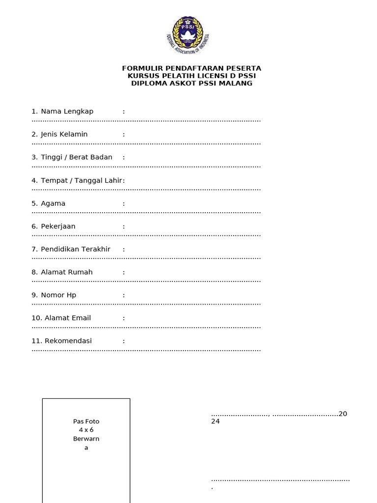 Formulir Pendaftaran Kursus Pelatih D PSSI Diploma | PDF
