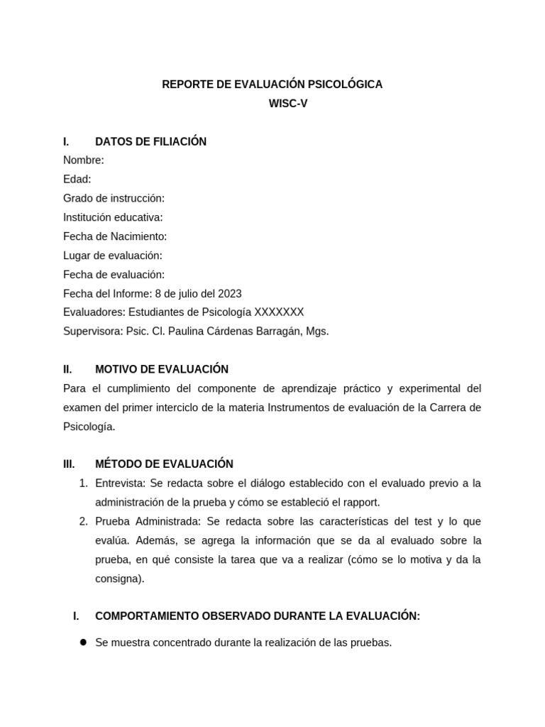 MODELO INFORME PSICOLOGICO WISC-V | PDF | Sicología | Evaluación
