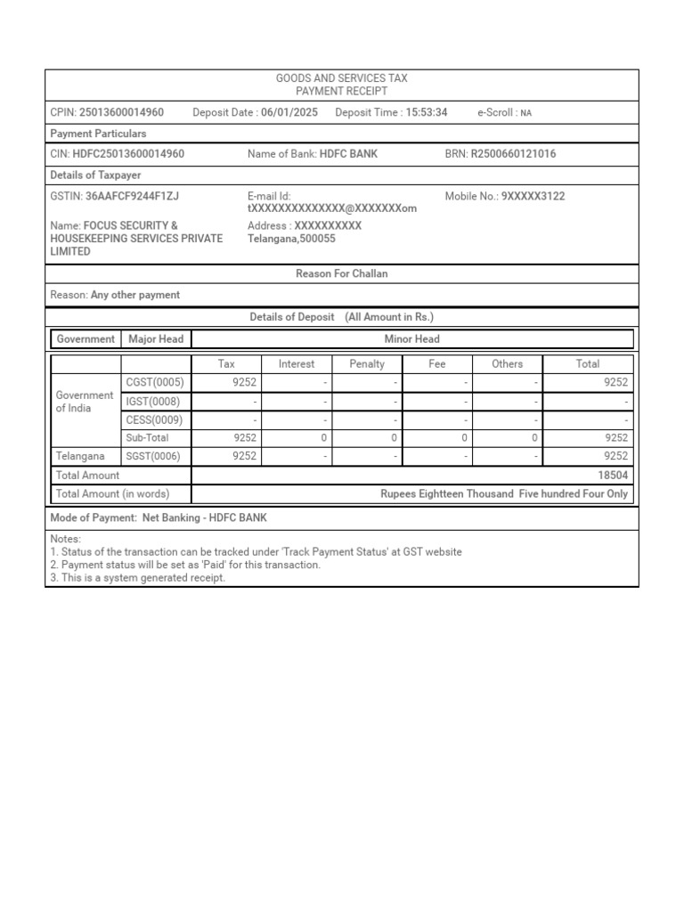 GST Payment Receipt for Focus Security | PDF