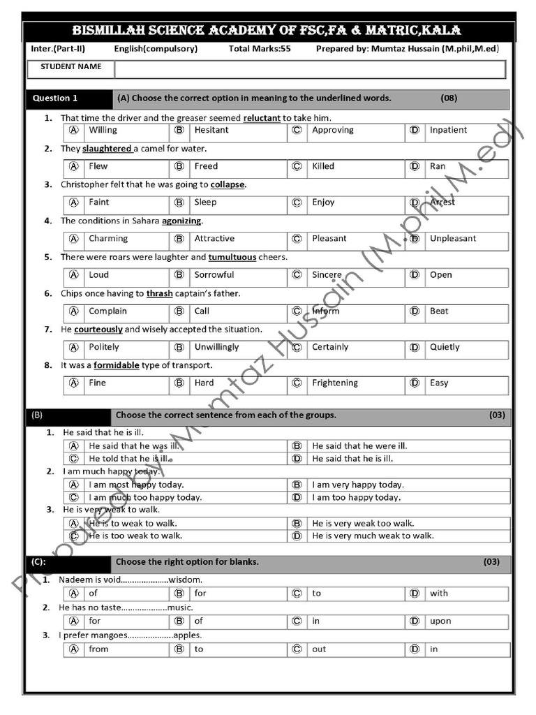 2nd Year Test | PDF