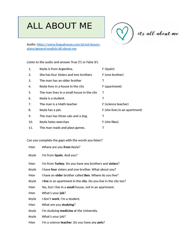 ESL Listening: All About Me Quiz | PDF
