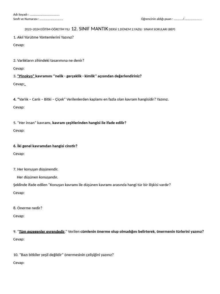 12.Sinif-Mantik-Dersi-1.Donem-2.Yazili-Sorulari-Ve-Cevaplari | PDF