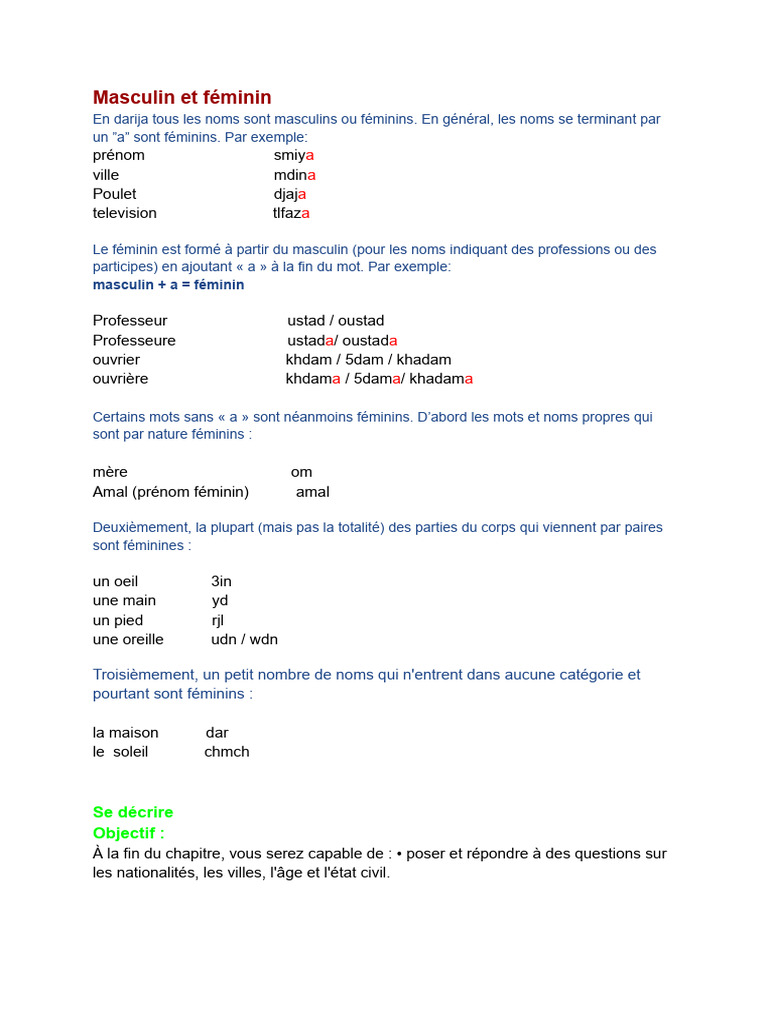Formes Masculines et Féminines en Darija | PDF | Genre grammatical | Arabe