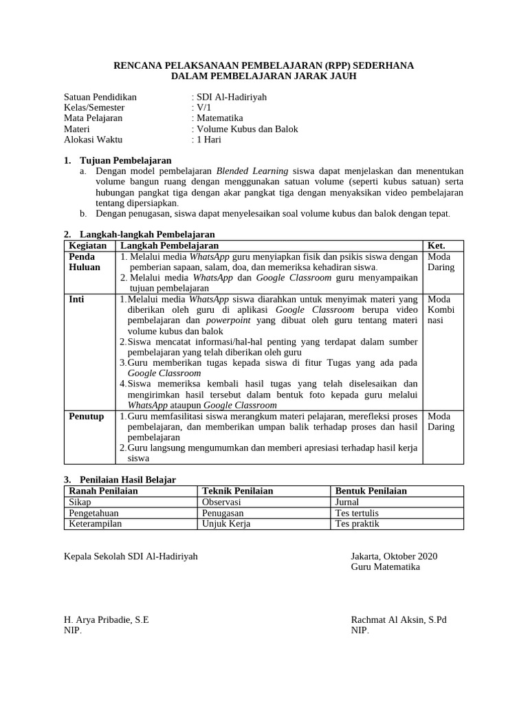 Contoh RPP Sederhana (1 Lembar) Blended Learning MTK Volume Kubus dan ...