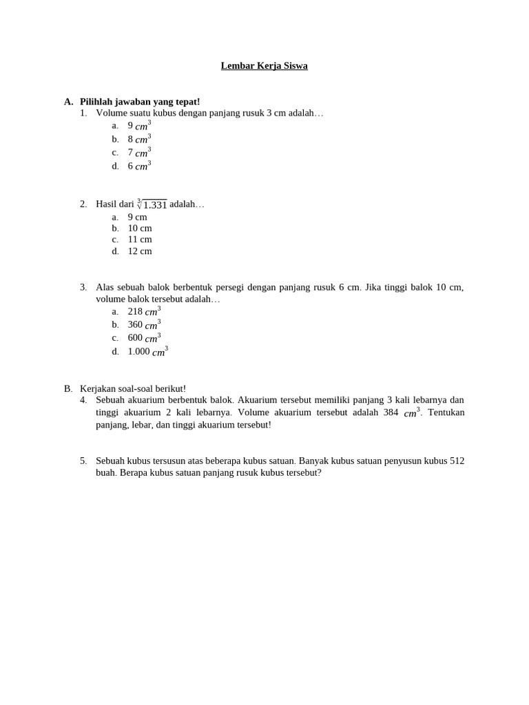 Contoh Lembar Kerja Siswa Soal HOTS MTK Volume Kubus Dan Balok Kelas 5 | PDF