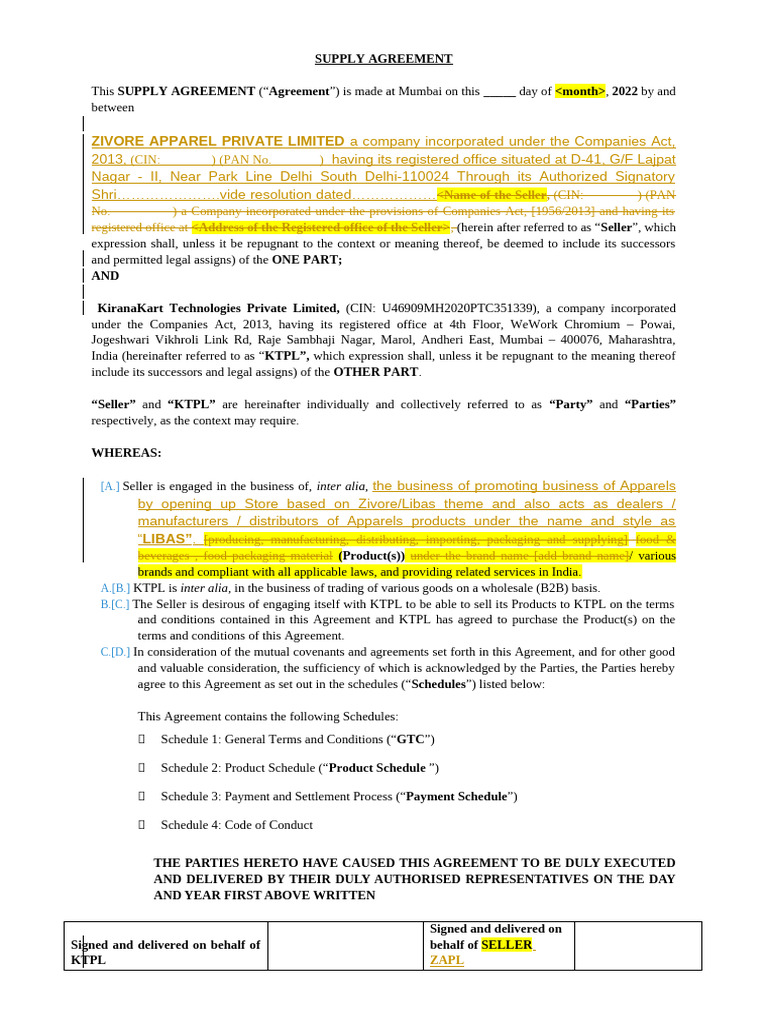 Vetted Draft Supply Agreement KTPL - SOR Model Updated 09102024 - Libas ...
