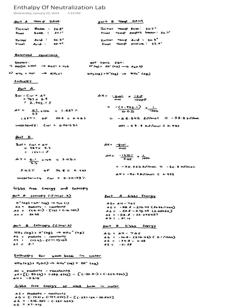 Enthalpy of Neutralization Lab | PDF