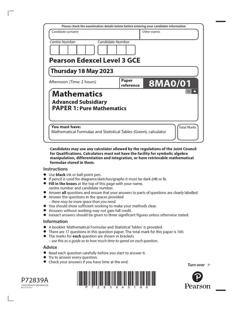 Edexcel Level 3 GCE Maths Paper 1 | PDF | Mathematics | Area