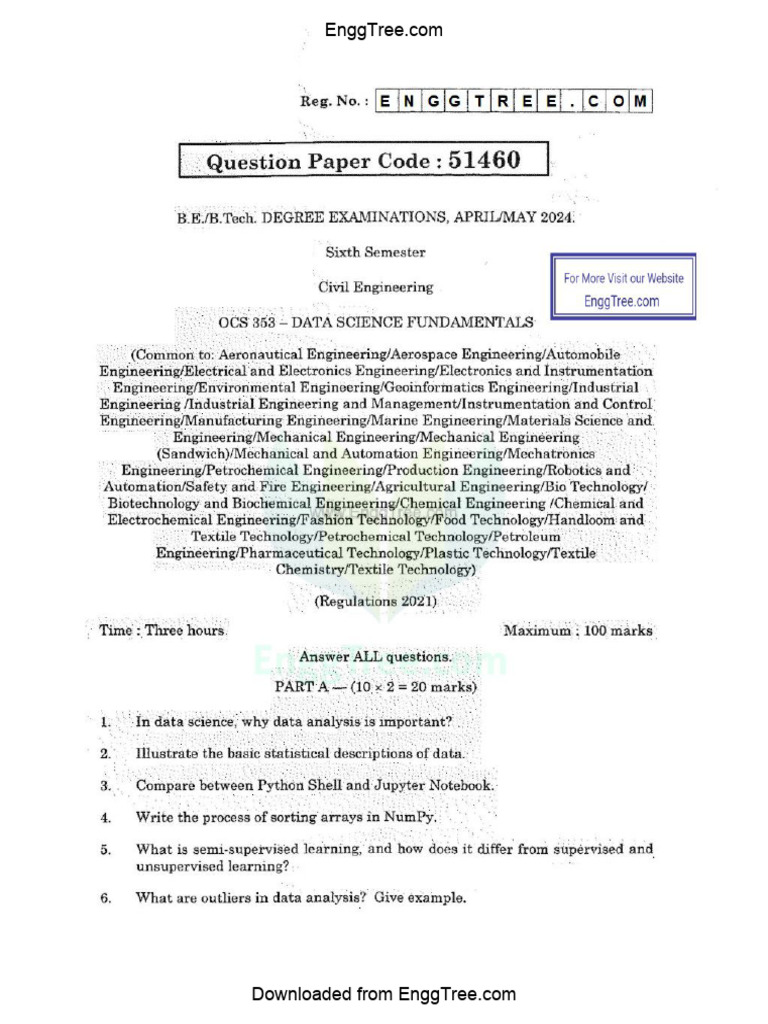 OCS353 Data Science Fundamentals Apr May 2024 Question Paper Download | PDF