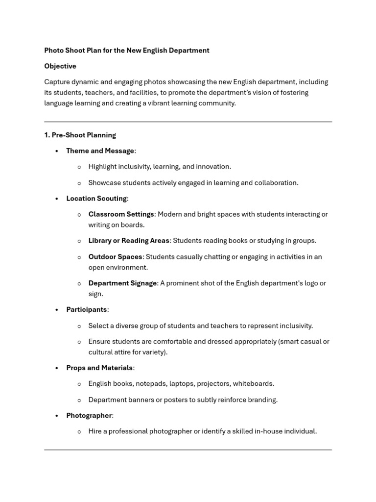 English Department Photo Shoot Plan | PDF | Classroom