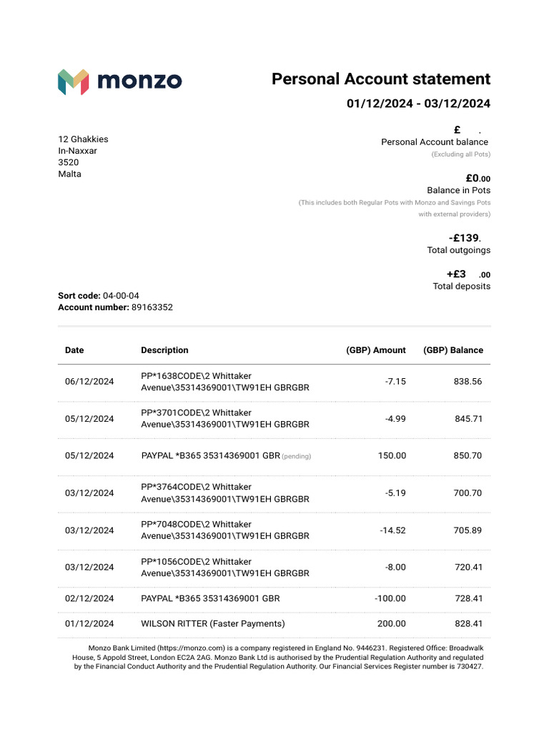 Monzo Bank Statement 2024 12 07 091436 | PDF | Financial Services | Banking