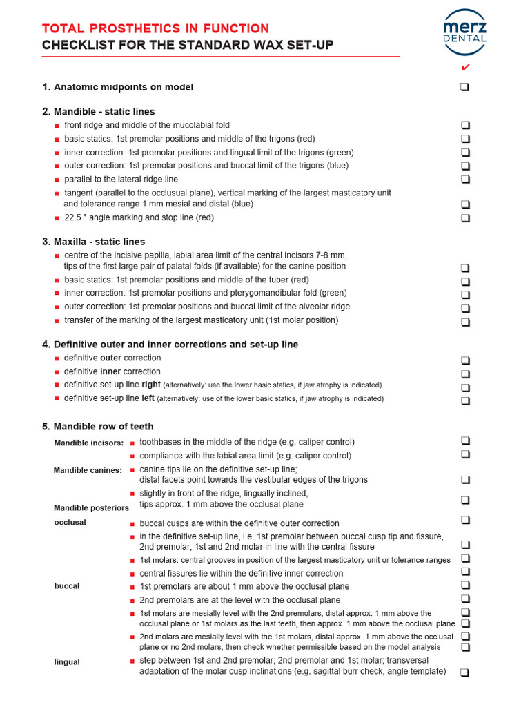 Total Prosthetics Wax Set-Up Checklist | PDF | Mouth | Dental Anatomy