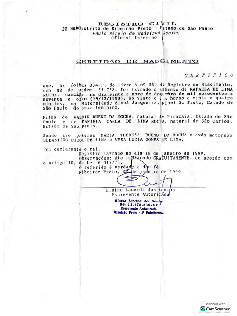 Certidão de Nascimento - Rafaela Lima | PDF