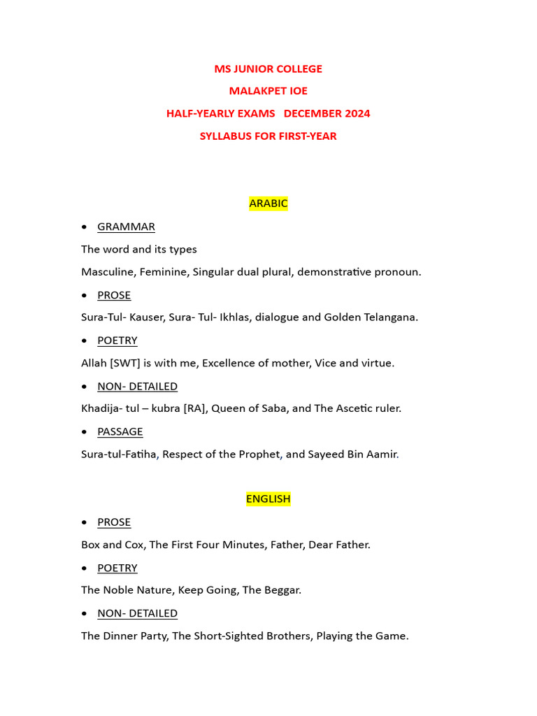 HALF- YEARLY SYLLABUS FOR JRS. | PDF | Chemistry | Trigonometric Functions