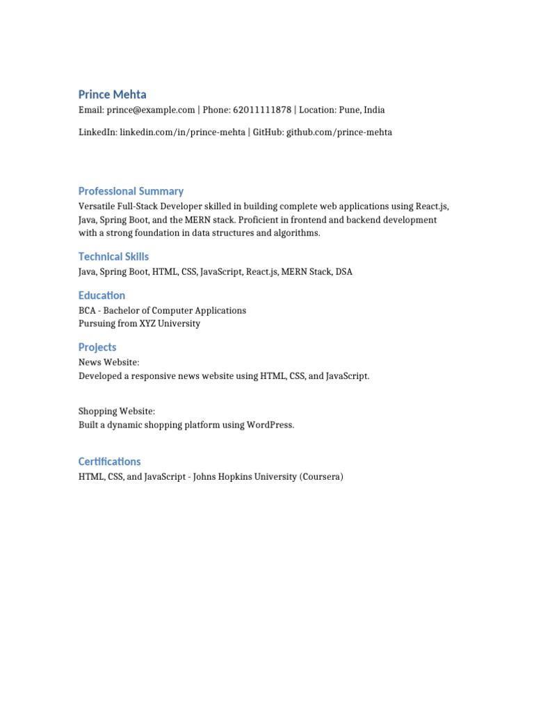 Full-Stack Developer Resume Prince Mehta | PDF