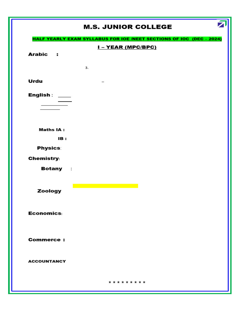Half Yearly Exam Syllabus - 24 (Ioe) | PDF | Chemistry | Trigonometric Functions