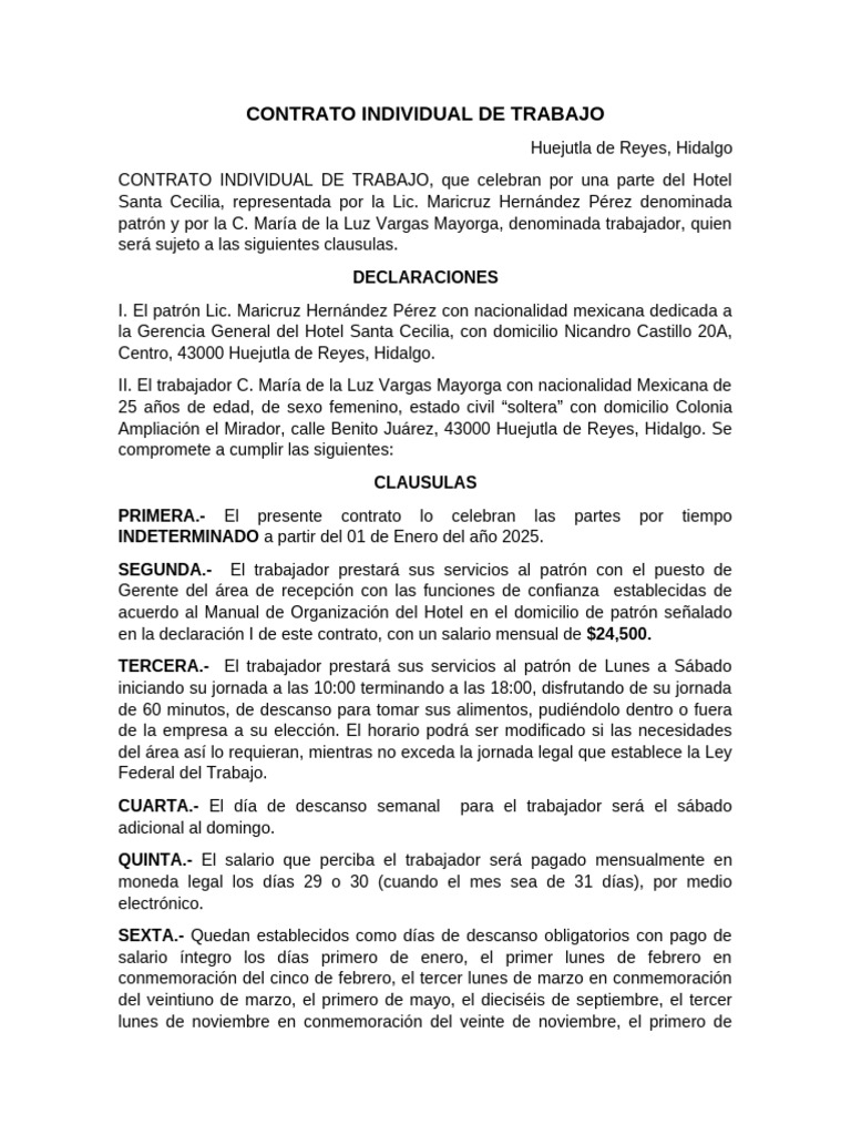 Contrato Individual de Trabajo | PDF | Salario
