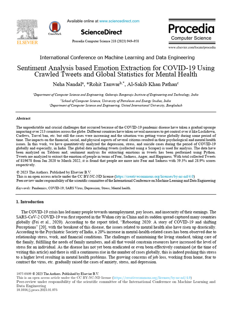 Sentiment Analysis Based Emotion Extraction For COVID 19 U - 2023 - Procedia Com | PDF | Mental ...