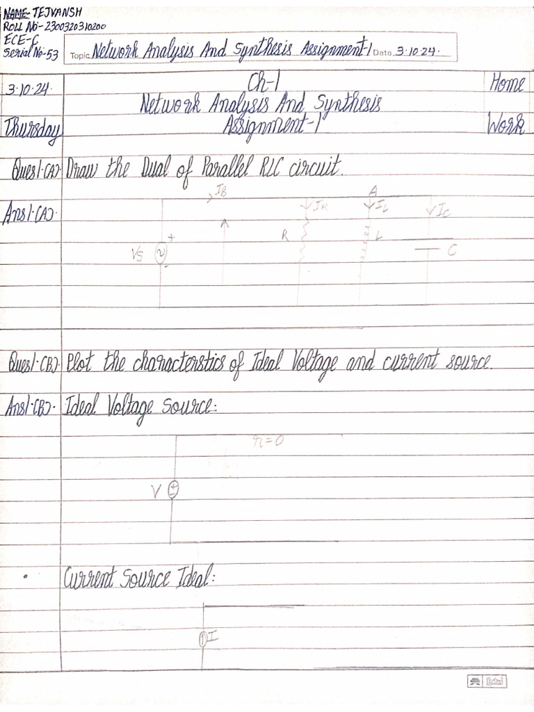 Network Analysis and Synthesis Assignment 1 | PDF