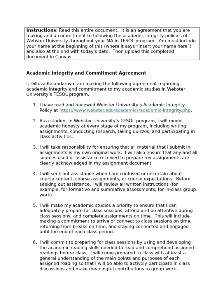TESOL Academic Integrity Agreement | PDF | English As A Second Or ...